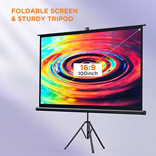 Projector Screen and Stand, 16:9 4K HD Projector Screen Outdoor 100 inch Portable Projector Screen with Stand, Easy Setup, Wrinkle-Free , Outdoor Projector Screen for Backyard, Camping, Living Room