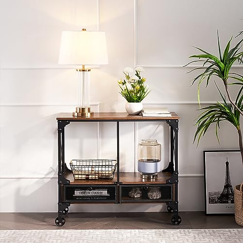 VECELO Console/Sofa Tables with 2 Tiers Open Storage & Drawers for Entryway Hallway/Living Room/Farmhouse, Easy Assembly,Rustic Brown, Industrial Style