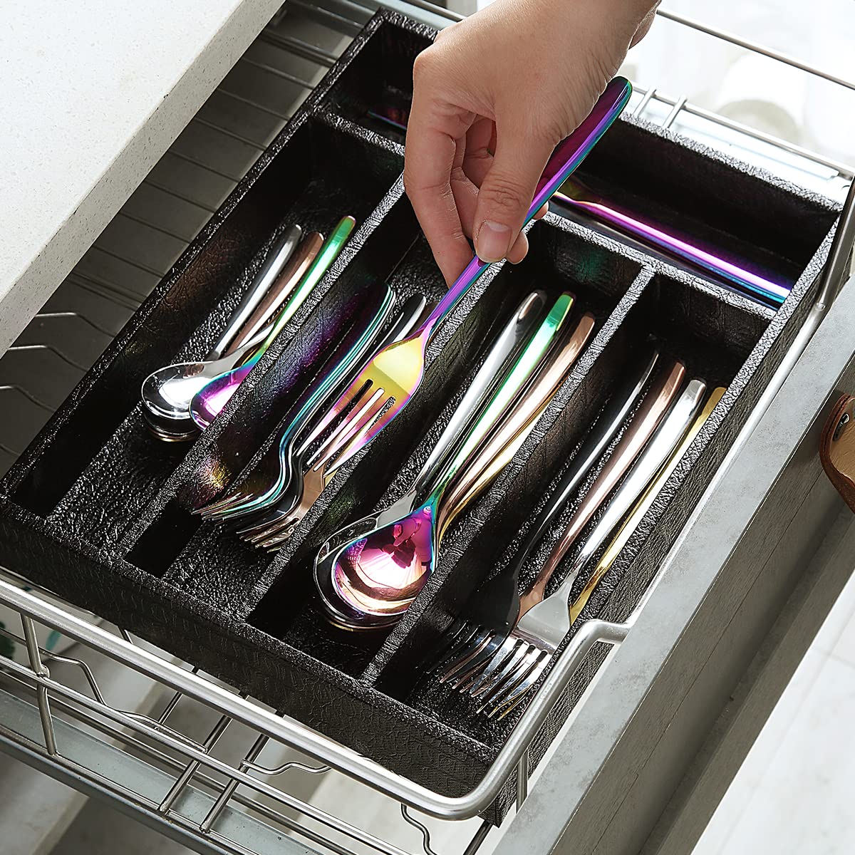 Kyraton Black Leather Wood Kitchen Flatware Drawer Organizers, Silverware Drawer Organiser and Cutlery Tray, Utensil Tray Drawer Organizer, Cutlery Flatware Organizer With Drawers