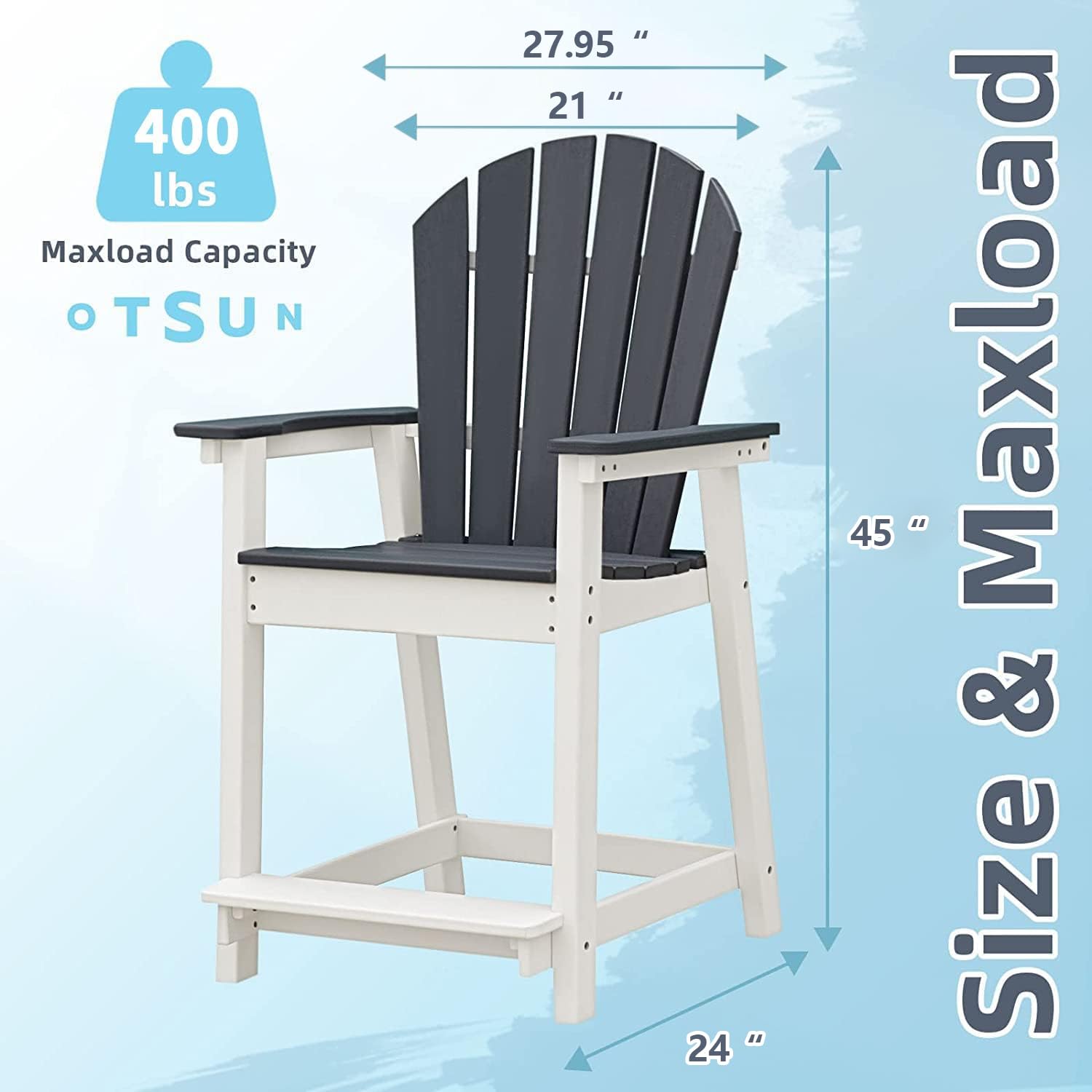 OTSUN Outdoor Tall Adirondack Chairs Set of 2, Patio Bar Stool Chair with High Back, 400lbs, Widened Arms, All-Weather Balcony Chair for Backyard, Garden, Yard - Light Grey