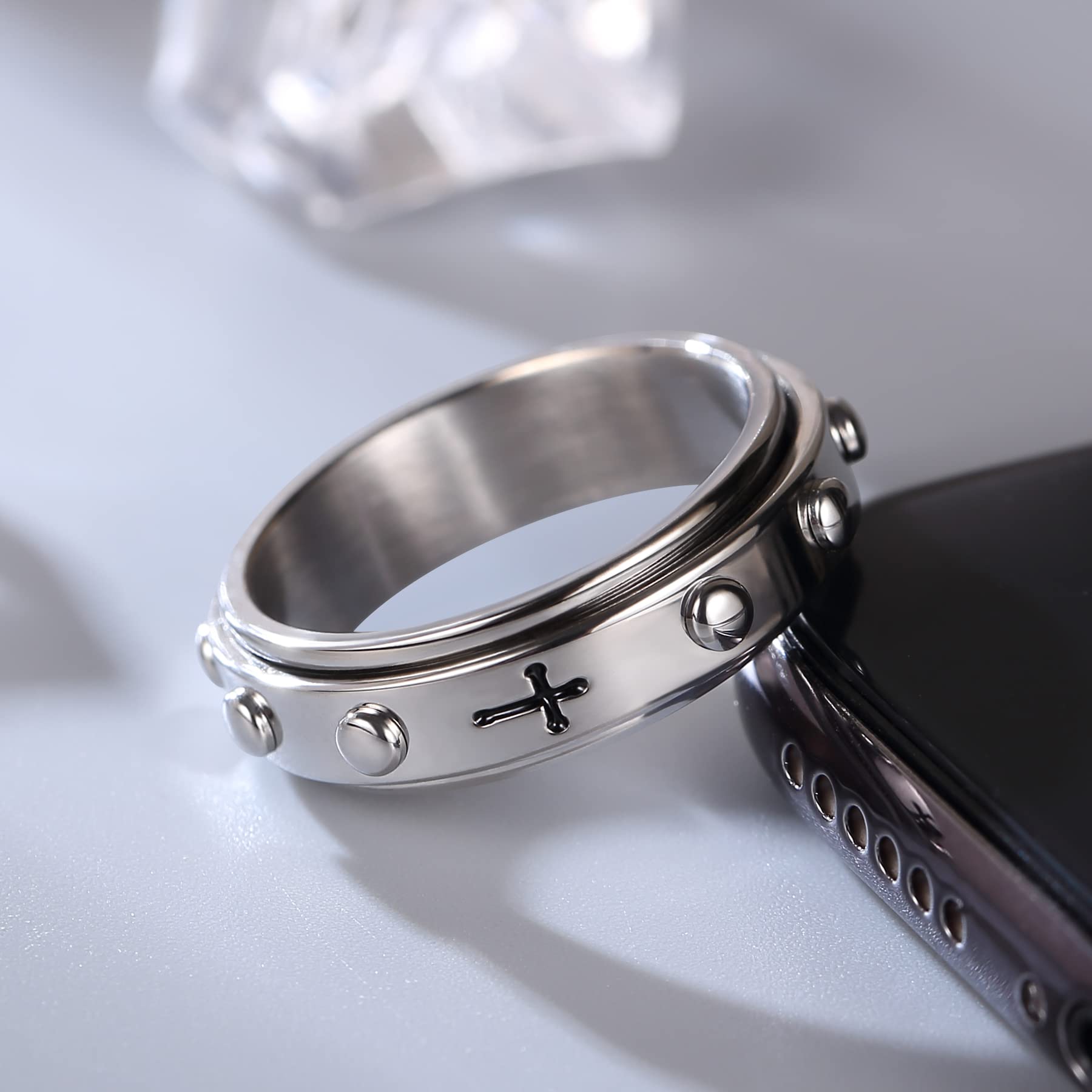 Adreamz 6mm Spinner Rosary Ring for Anxiety Relief Fidget Spinner Ring with Anti-worry Beads Cross Wedding Bands for Men Women 9