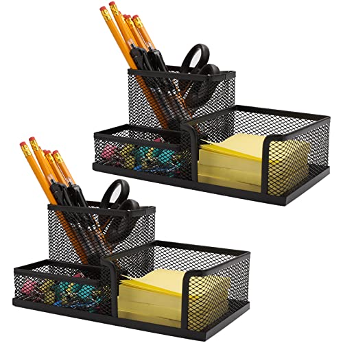 Ludato 2 Pieces Mesh Pen Holder Desk Organizers and Accessories for Desk,3 Compartments Black Pencil Holder for Office Supplies, Gifts for Colleague
