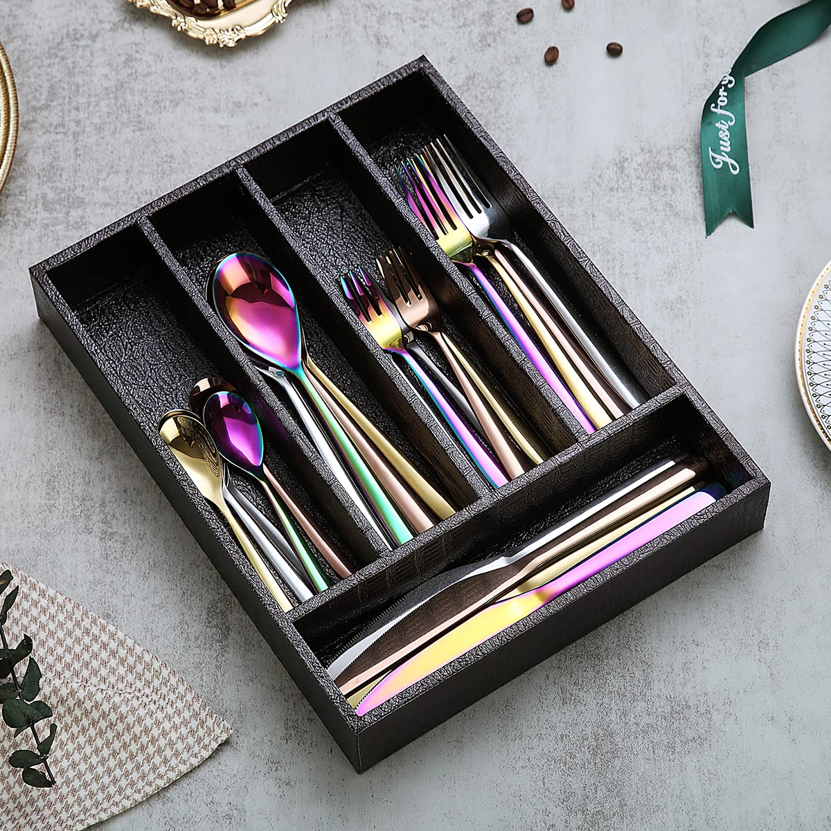 Kyraton Black Leather Wood Kitchen Flatware Drawer Organizers, Silverware Drawer Organiser and Cutlery Tray, Utensil Tray Drawer Organizer, Cutlery Flatware Organizer With Drawers