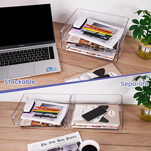Tomorotec Desk Letter Tray Set, A4 Size Clear PET Stackable Document Organizer Office Desktop File Paper Holder Book Storage Rack Side Load Anti-Skid Stacking Support Convex Bottom (2X Landscape)