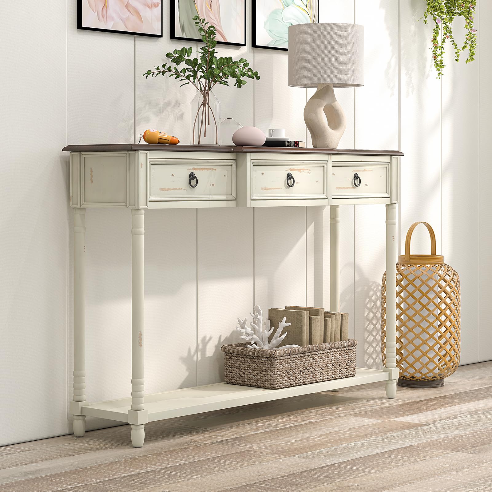 Giantex Console Table with 3 Storage Drawers - Entry Table, Rustic Farmhouse Entryway Table with Open Storage Shelf, Solid Wood Legs, Long Sofa Table for Living Room, Hallway, Narrow Console Table