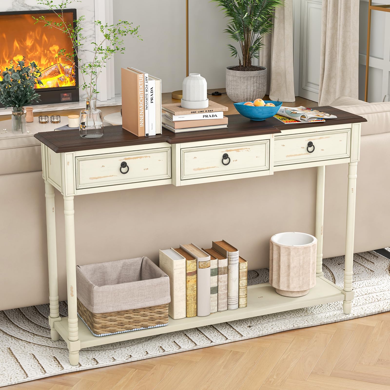 Giantex Console Table with 3 Storage Drawers - Entry Table, Rustic Farmhouse Entryway Table with Open Storage Shelf, Solid Wood Legs, Long Sofa Table for Living Room, Hallway, Narrow Console Table