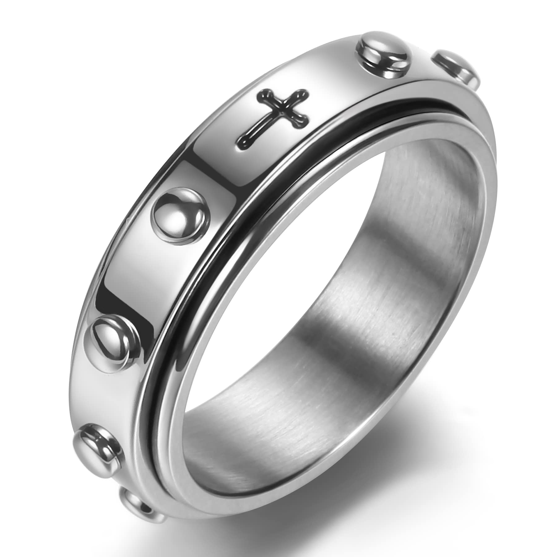 Adreamz 6mm Spinner Rosary Ring for Anxiety Relief Fidget Spinner Ring with Anti-worry Beads Cross Wedding Bands for Men Women 9
