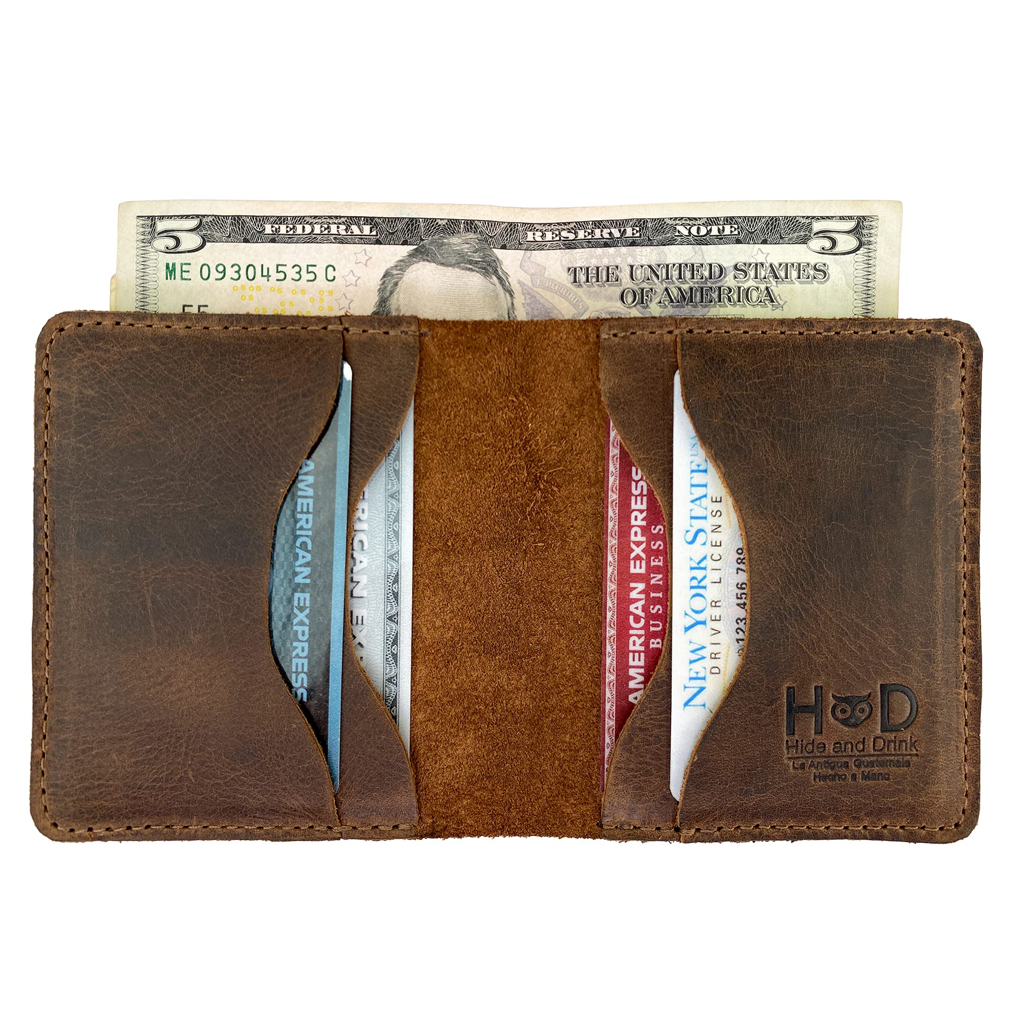 Hide & Drink, Bifold Wallet with Extra Layer, Slim, Thin Accessory For Pocket or Bag, Store Money, Cards & Cash, Full Grain Leather, Handmade, Bourbon Brown