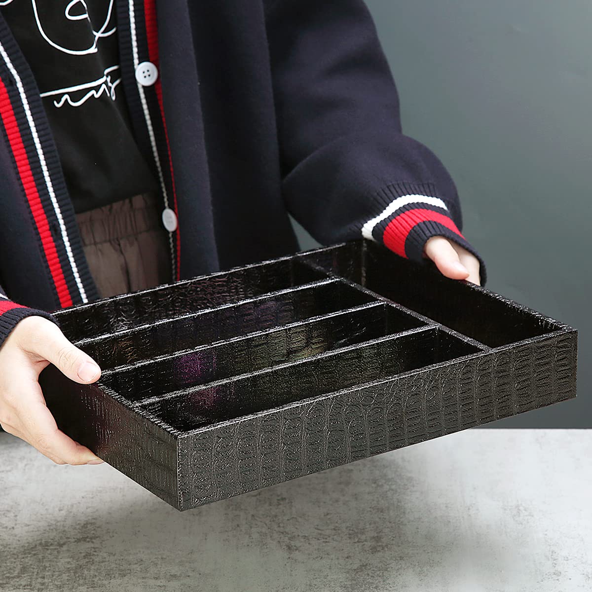 Kyraton Black Leather Wood Kitchen Flatware Drawer Organizers, Silverware Drawer Organiser and Cutlery Tray, Utensil Tray Drawer Organizer, Cutlery Flatware Organizer With Drawers