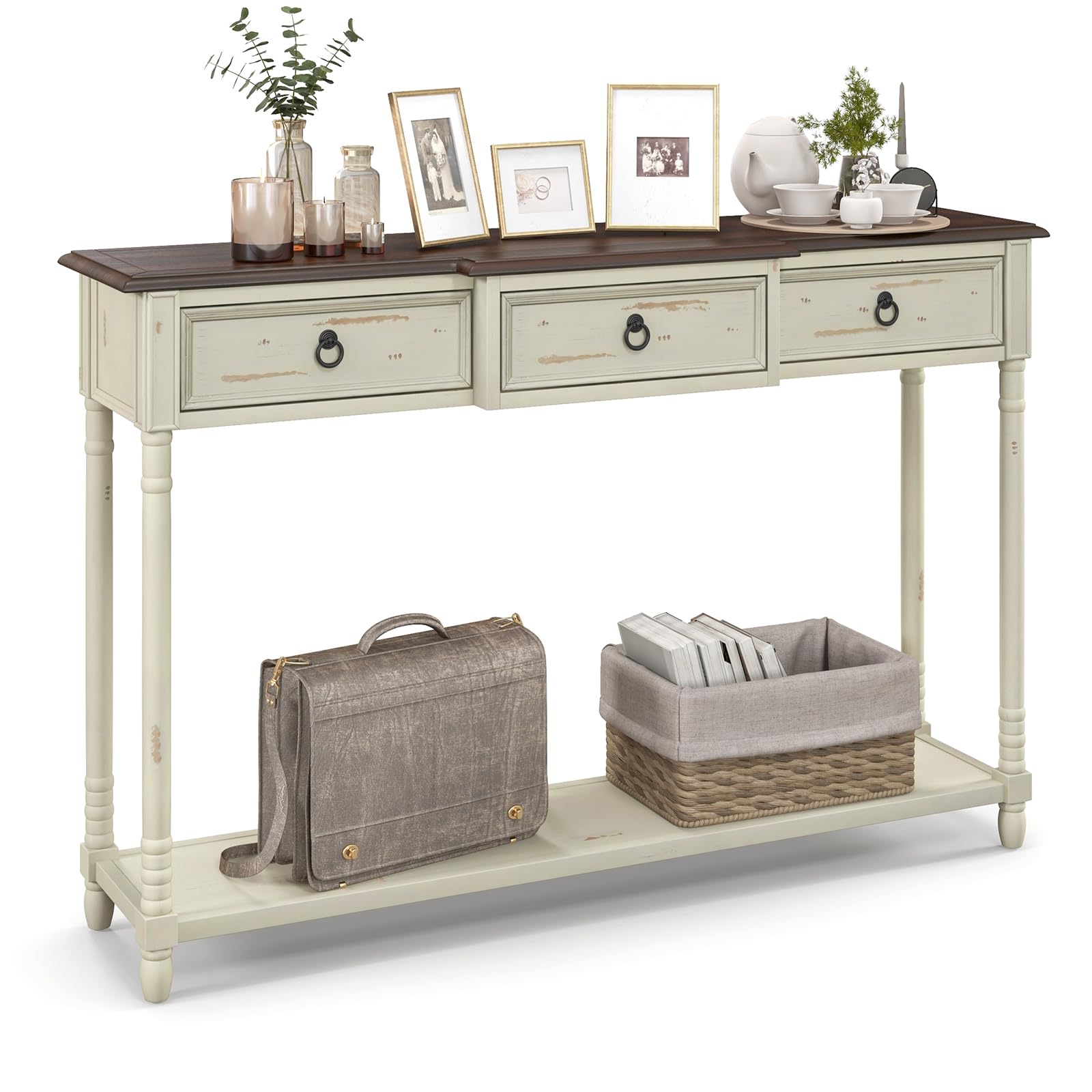 Giantex Console Table with 3 Storage Drawers - Entry Table, Rustic Farmhouse Entryway Table with Open Storage Shelf, Solid Wood Legs, Long Sofa Table for Living Room, Hallway, Narrow Console Table