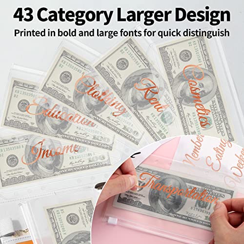Sooez [Pastel Collection] Money Organizer for Cash, A6 Leather Budget Binder with Zipper Envelopes, 43 Large Rose Gold Sticky Labels & Extra Thick Expense Sheets, Money Saving Binder for Budgeting