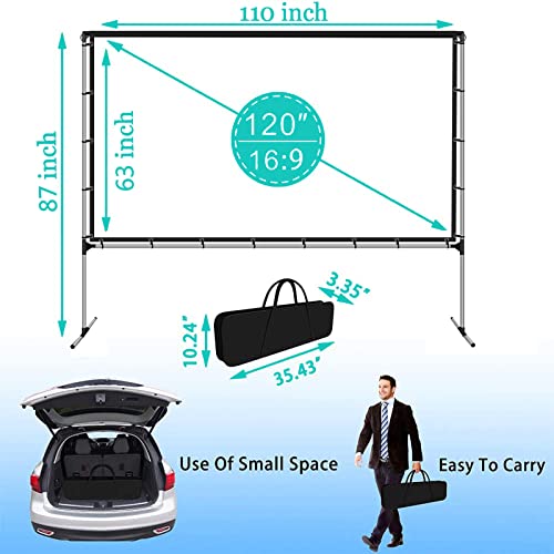GYUEM Projector Screen with Stand Foldable Portable Movie Screen 120 Inch(16:9), HD 4K Double Sided Projection Movies Screen with Carry Bag for Indoor Outdoor Home Theater Backyard Cinema Travel