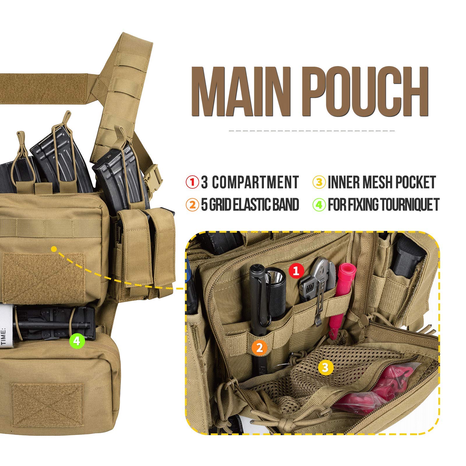 VISMIX Tactical Chest Rig, Adjustable & Detachable Chest Rig Molle Military Chest Bag Pack with Magazine Pouch for Men Hunting Shooting Coyote Brown
