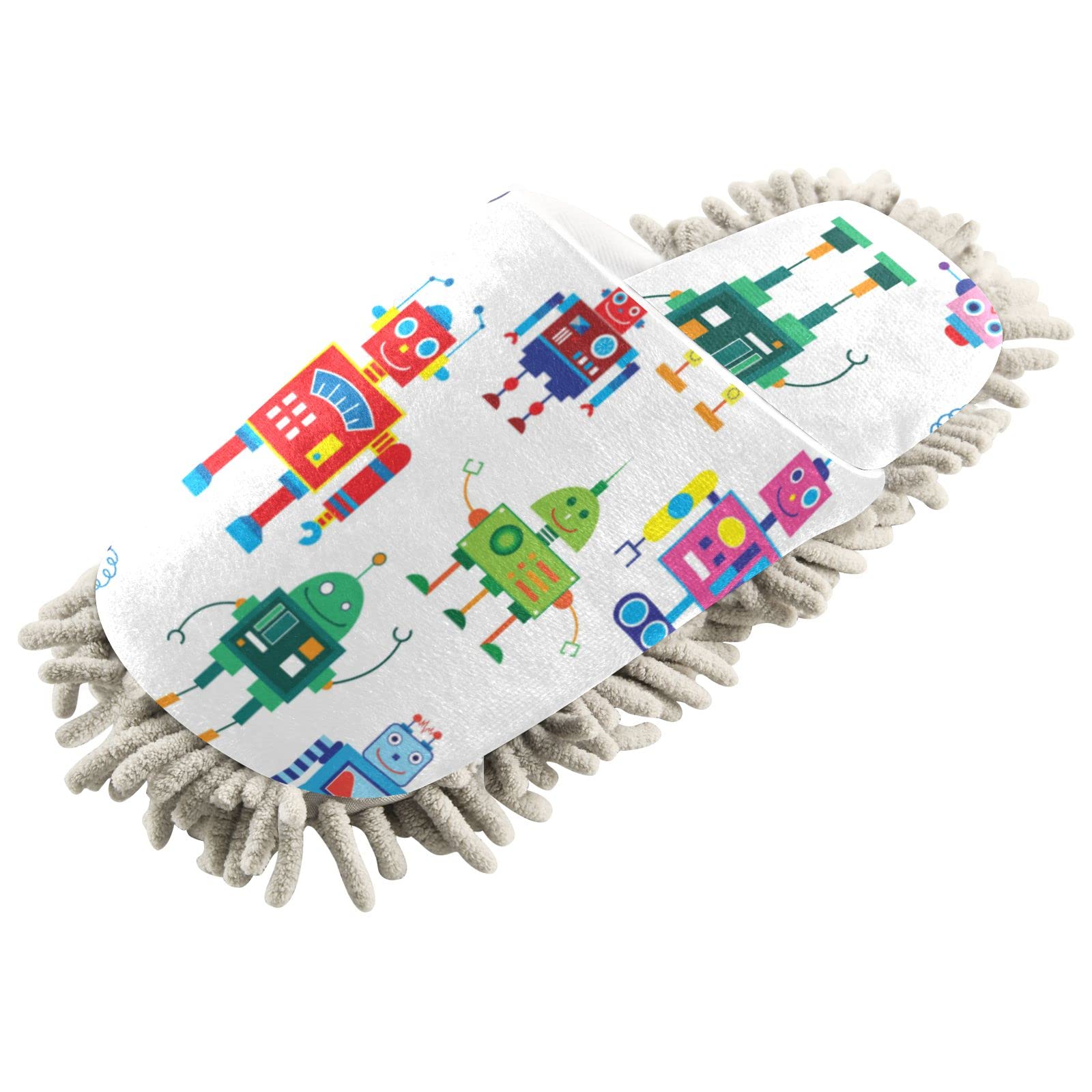 Microfiber Cleaning Slippers Cute Robots Washable Mop Shoes Slipper for Men/Women House Floor Dust Cleaner, Size M