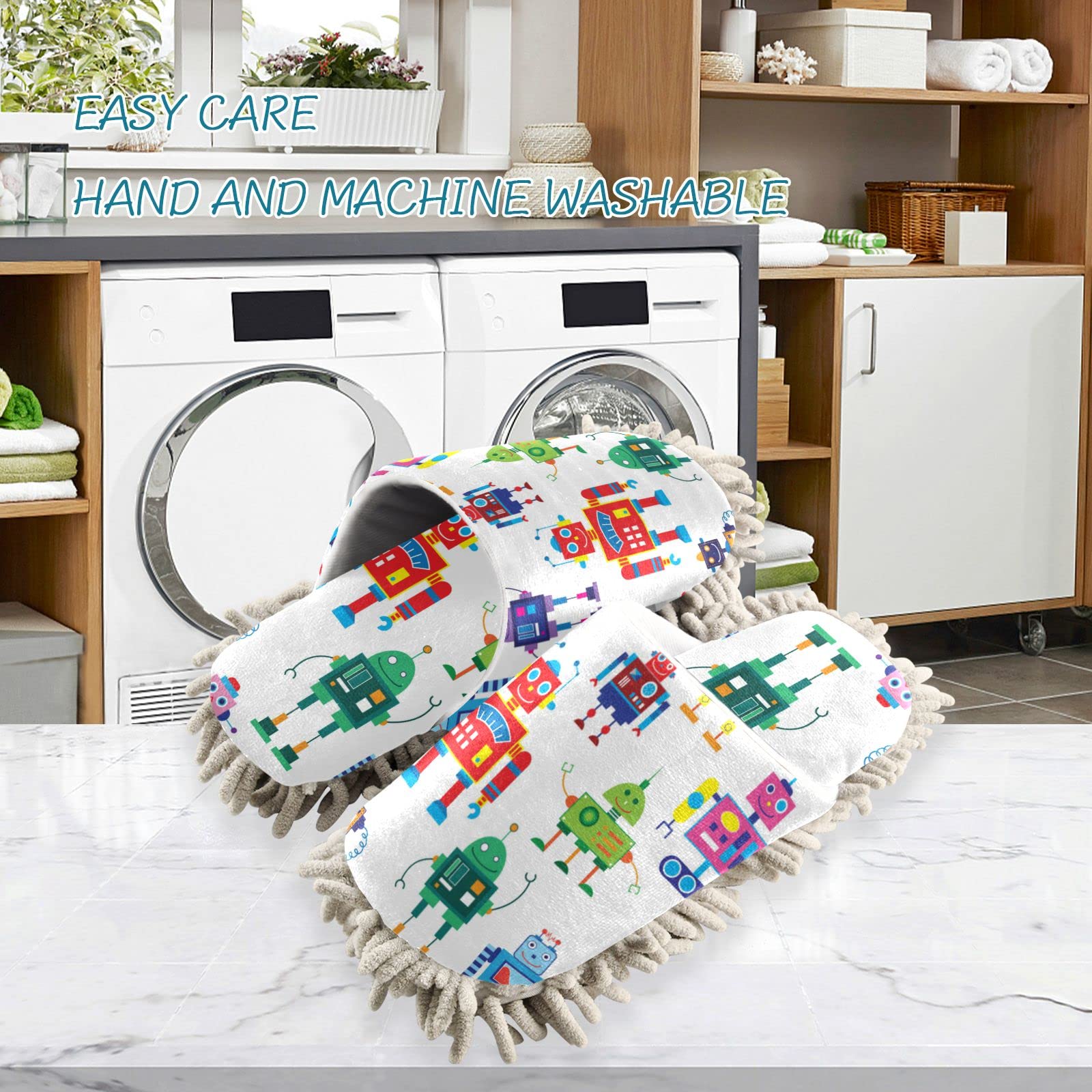 Microfiber Cleaning Slippers Cute Robots Washable Mop Shoes Slipper for Men/Women House Floor Dust Cleaner, Size M