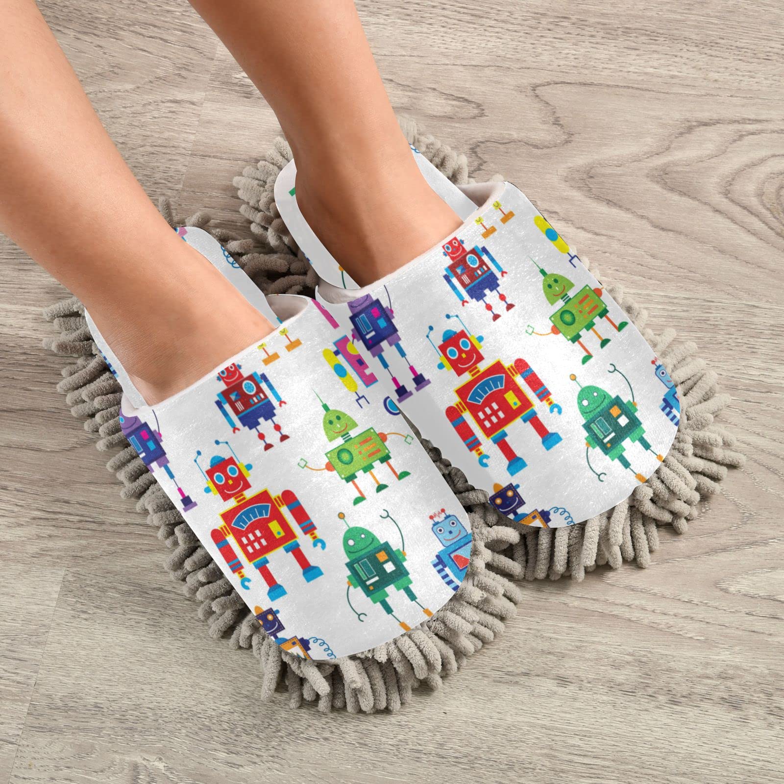 Microfiber Cleaning Slippers Cute Robots Washable Mop Shoes Slipper for Men/Women House Floor Dust Cleaner, Size M