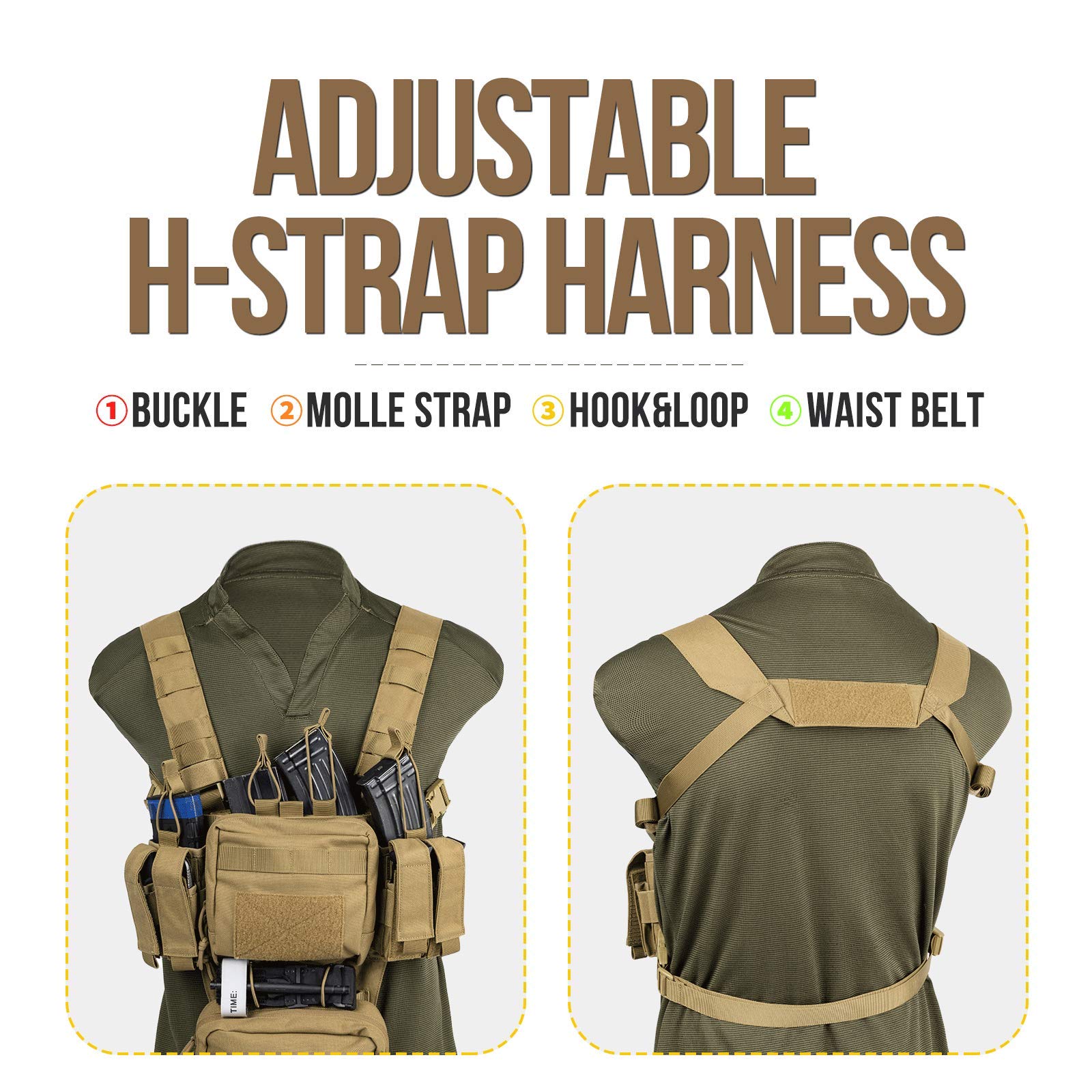 VISMIX Tactical Chest Rig, Adjustable & Detachable Chest Rig Molle Military Chest Bag Pack with Magazine Pouch for Men Hunting Shooting Coyote Brown