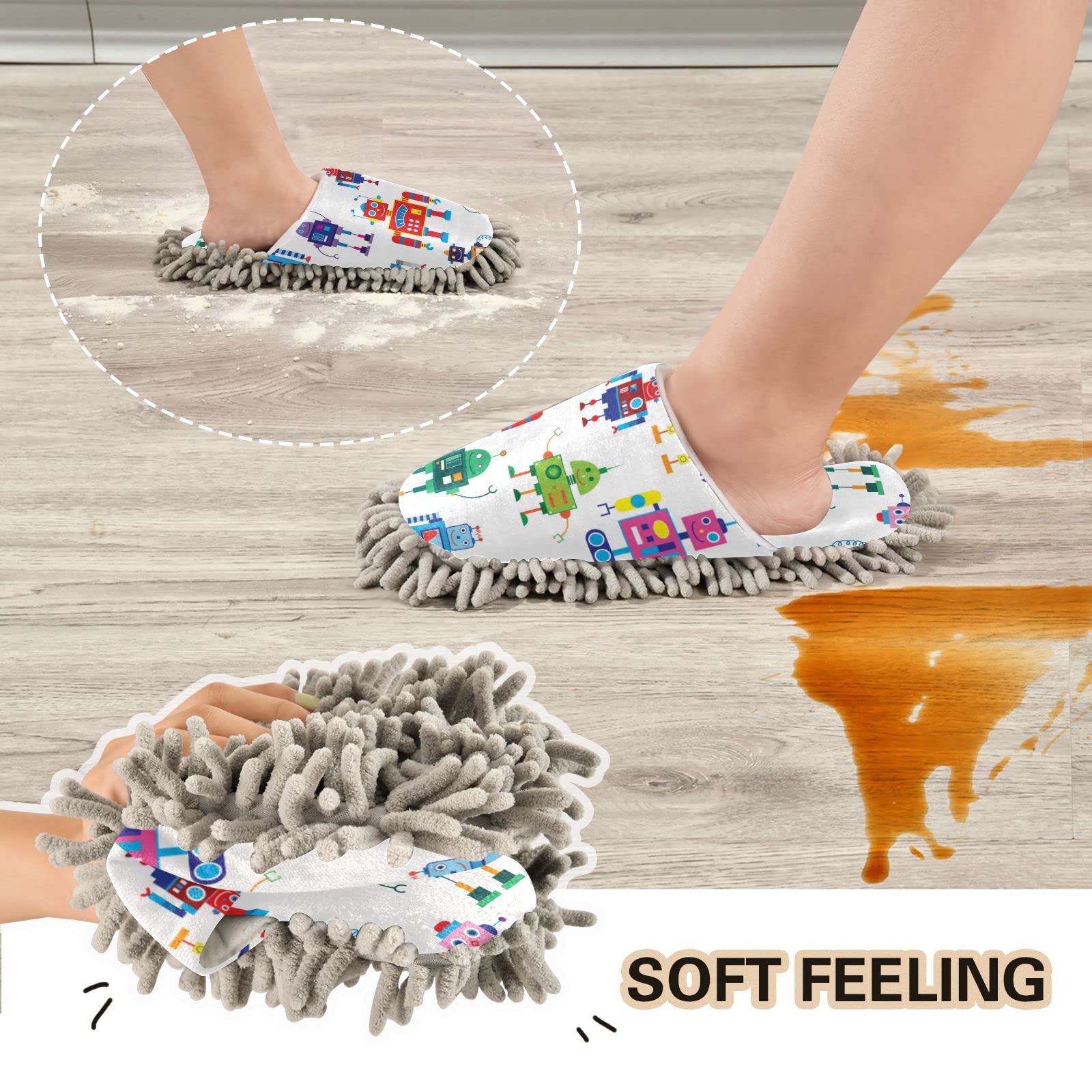 Microfiber Cleaning Slippers Cute Robots Washable Mop Shoes Slipper for Men/Women House Floor Dust Cleaner, Size M