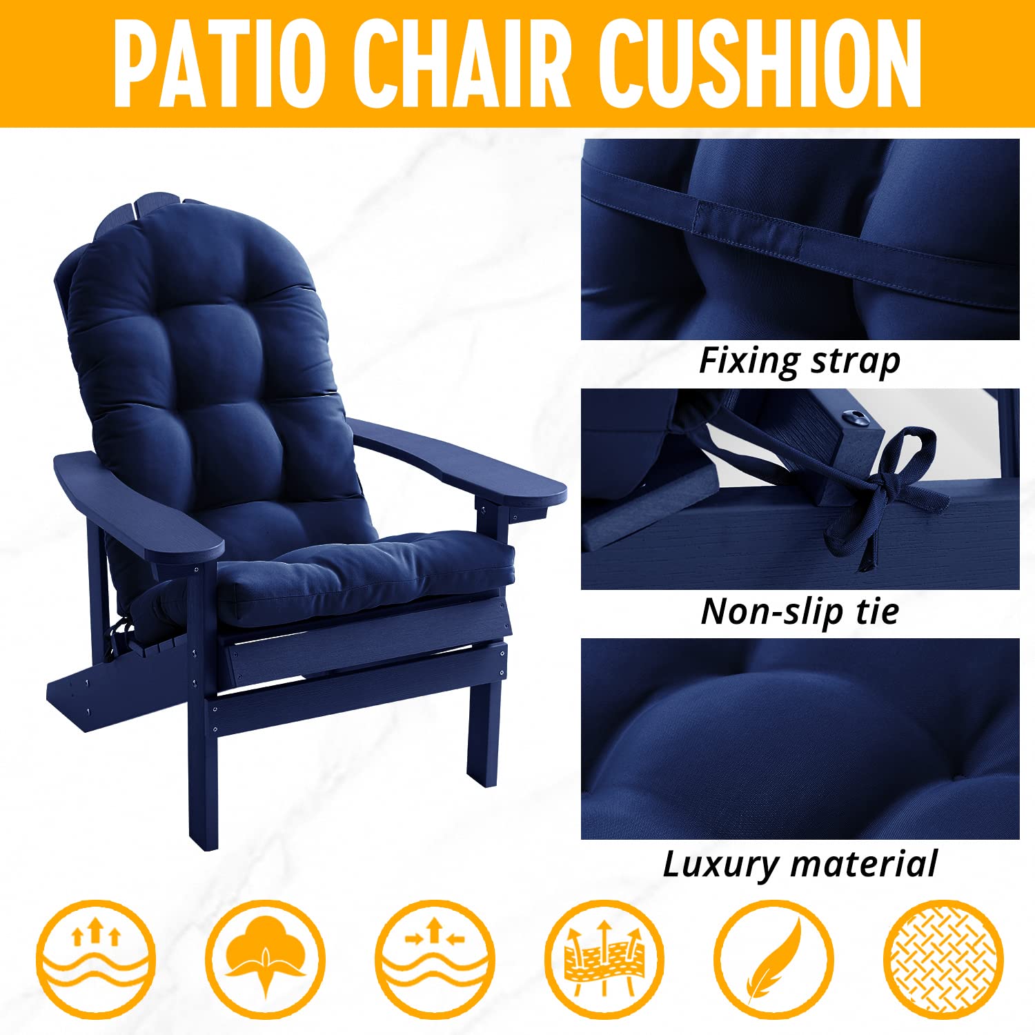 FILUXE Adirondack & Rocking Chair Cushion, High Back Patio Cushions - Waterproof Solid Tufted Pillow, Indoor/Outdoor Pads with Ties, Fade-Resistant & Seasonal All Weather Replacement (Royal Blue, 2)