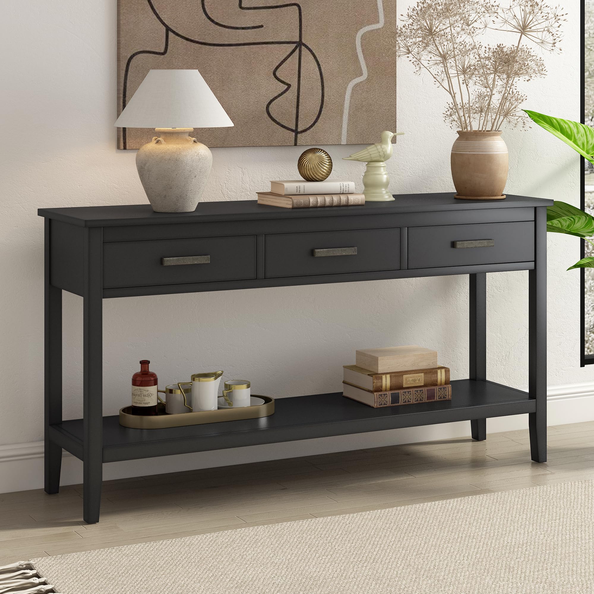 Quarte Modern 3-Drawer Console Table with 1 Shelf,Solid Wood Entryway Sofa Side Table for Hallway, Living Room, Foyer, Corridor, Easy to Assemble (Black#3-Drawer)