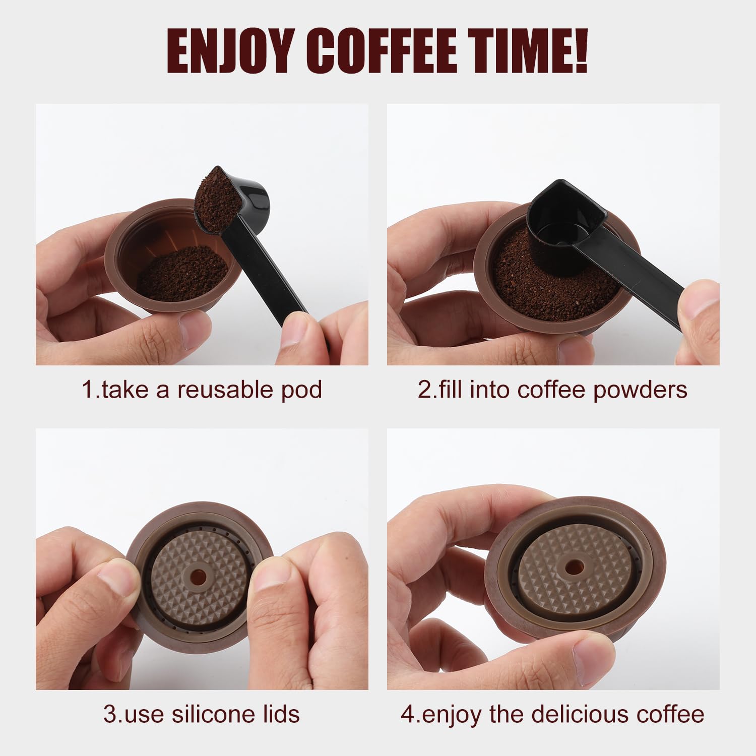 5pcs Reusable Pods for Nespresso Machine, 150ml Refillable Coffee Capsule with 2 Silicone Lids, 1 Spoon, 1 Brush, Compatible with Nespresso