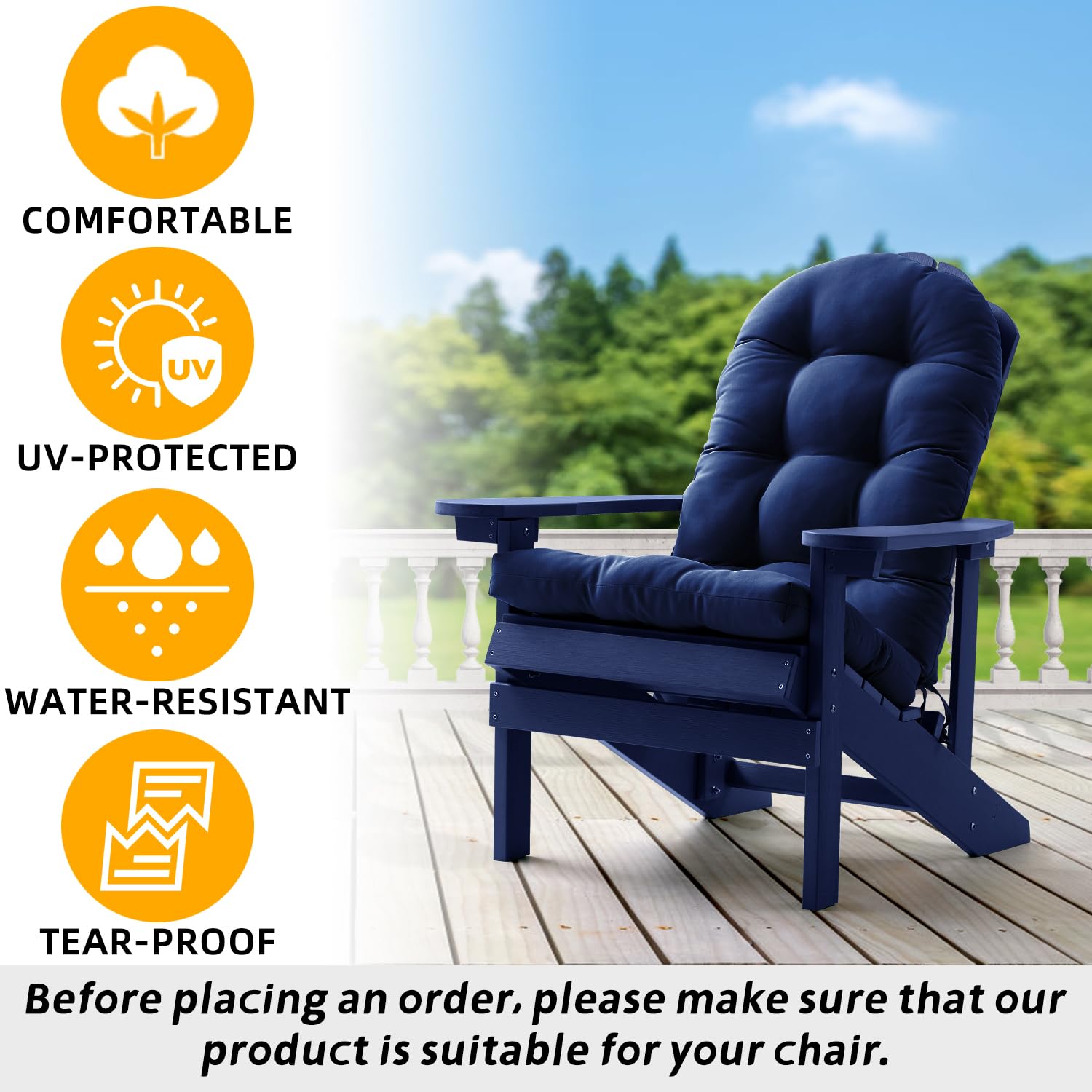 FILUXE Adirondack & Rocking Chair Cushion, High Back Patio Cushions - Waterproof Solid Tufted Pillow, Indoor/Outdoor Pads with Ties, Fade-Resistant & Seasonal All Weather Replacement (Royal Blue, 2)