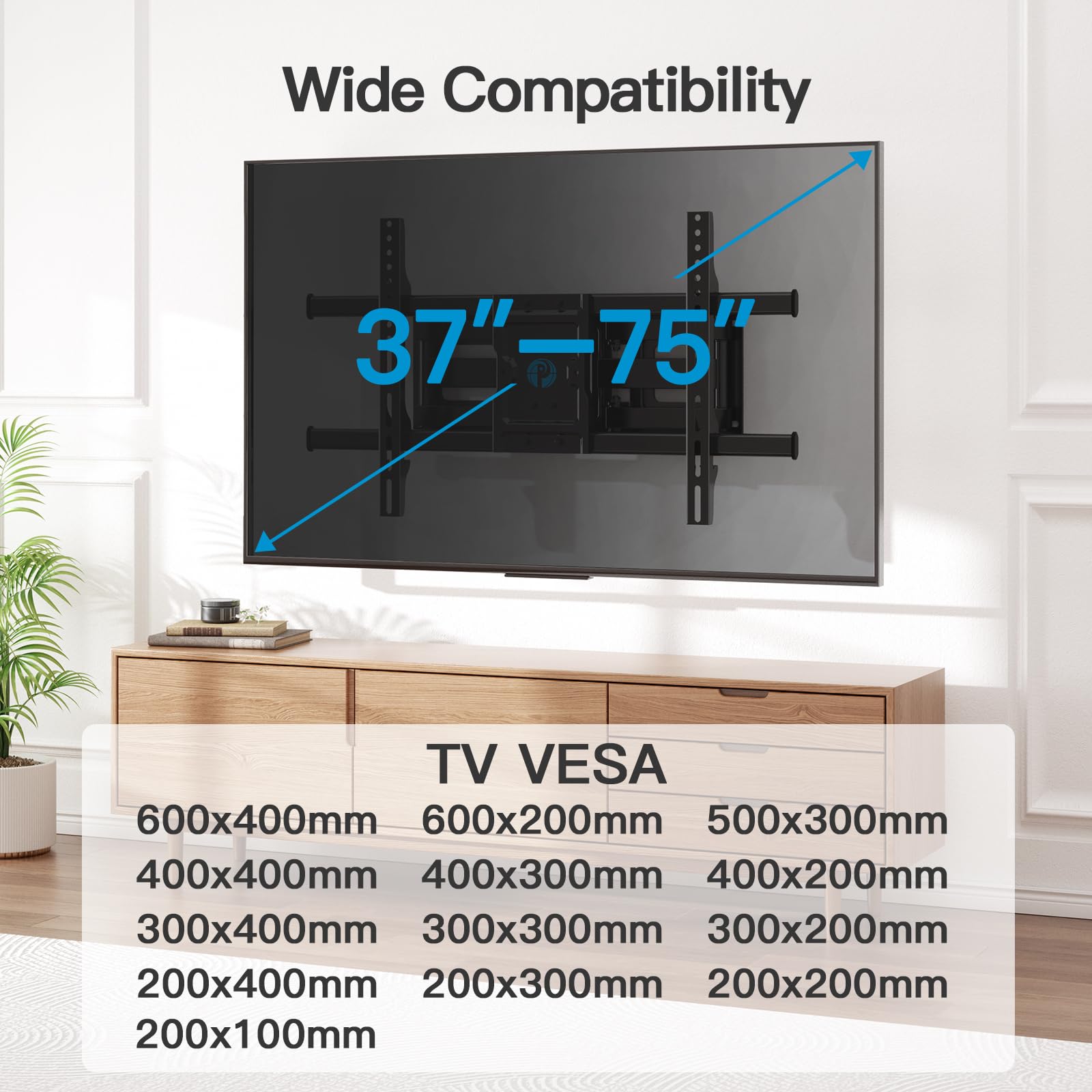 Pipishell TV Wall Mount Full Motion for Most 37-75 Inch LED LCD OLED TVs, Wall Bracket TV Mount Articulating Swivel Tilt Extension Leveling Holds up to 132lbs Max VESA 600x400mm Fits 12/16" Wood Stud