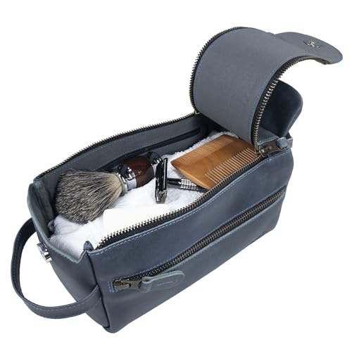 Hide & Drink, Toiletry Bag w/Handles, Hygiene Organizer, Travel Dopp, Razor Case, Bathroom, Shaving, Cosmetic Storage, Travel & Grooming Essentials, Full Grain Leather, Handmade, Slate Blue