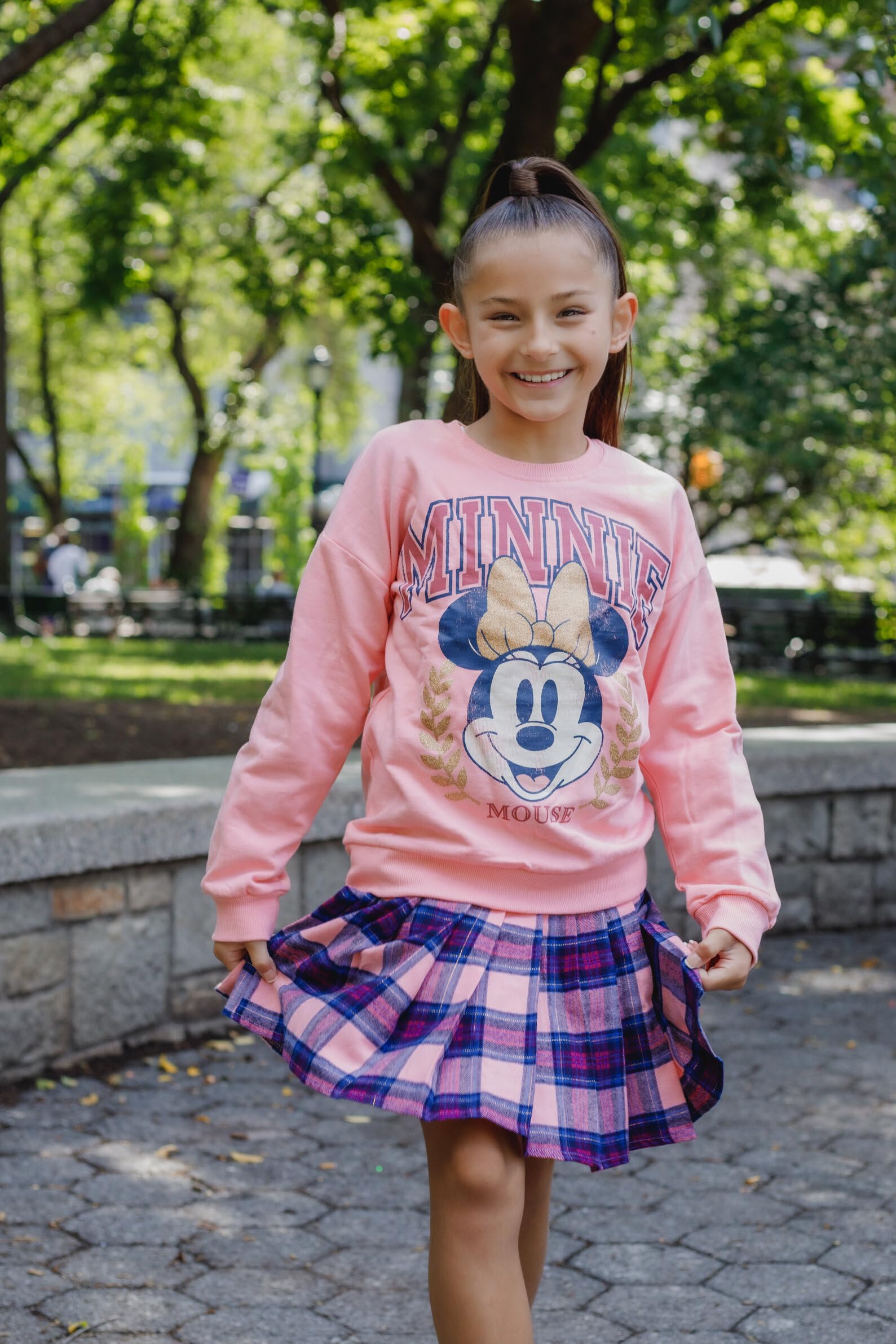 Disney Minnie Mouse Little Girls Fleece Sweatshirt and Skirt Plaid Pink 7-8