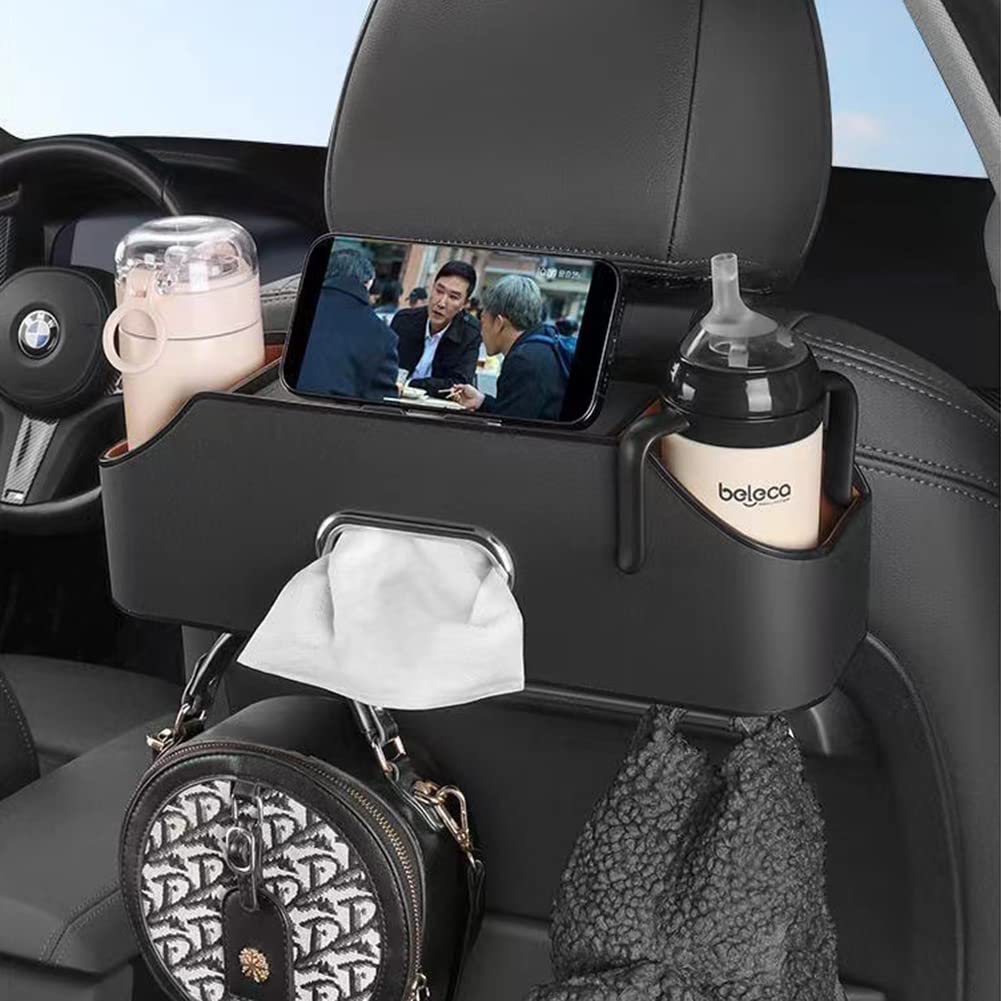 JSCARLIFE Car Headrest Backseat Organizer with Cup Holder,Backseat Storage Box Cup Drink Holders, Tissue Box & Phone Mount Bottle Cellphones Coffee Coasters Wallet Cards (Black)