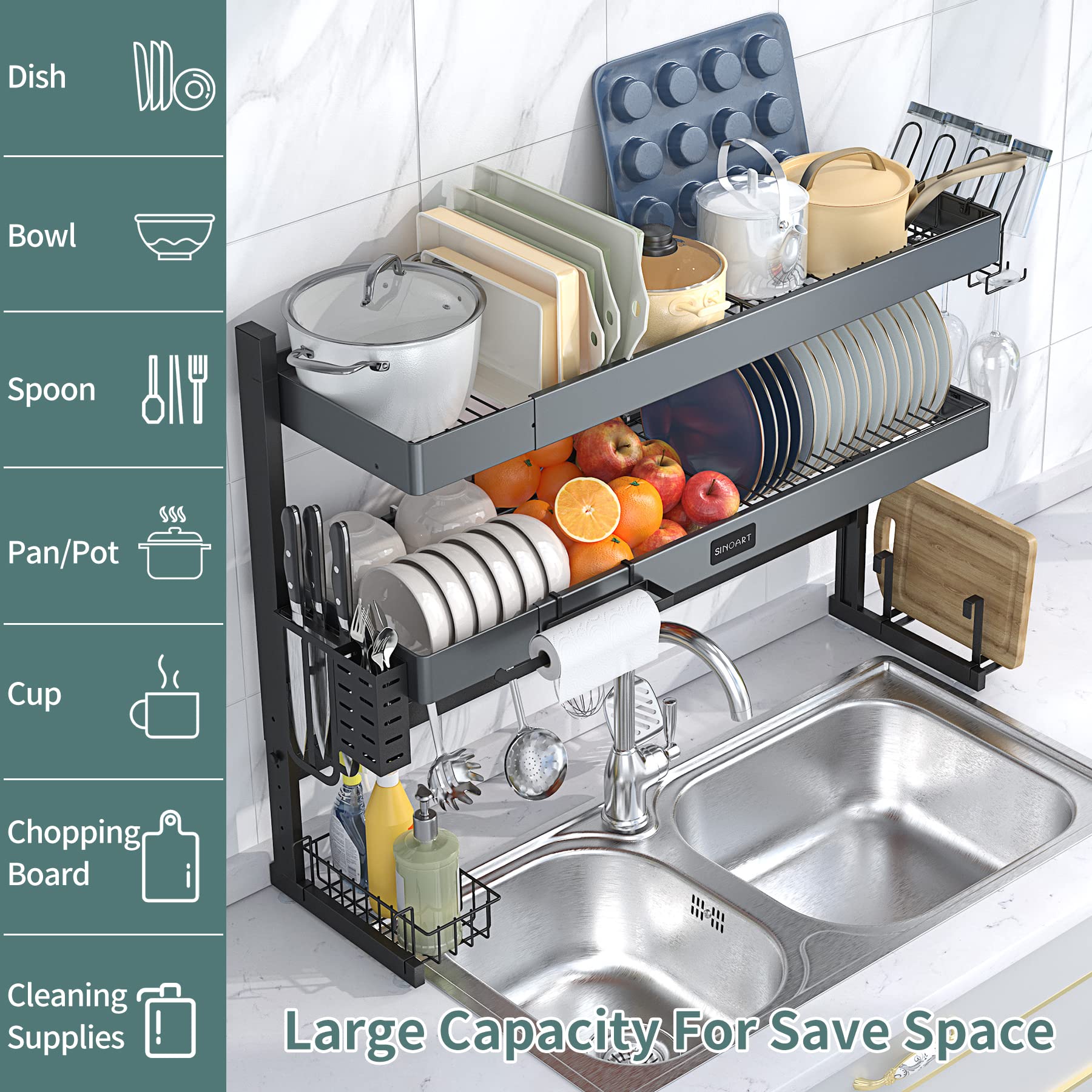 2023 Model,Over The Sink Dish Drying Rack 3-Tier Dish Drying Rack Over Sink Adjustable Length(26-37.5in), Stainless Steel Dish Drainer, Dishes Rack Kitchen Pots, pans, dishes and pots Organizer