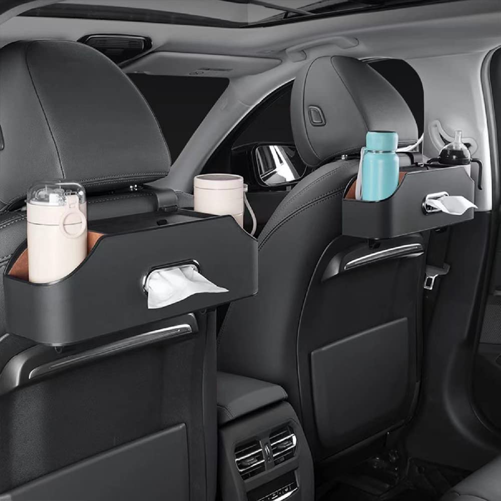 JSCARLIFE Car Headrest Backseat Organizer with Cup Holder,Backseat Storage Box Cup Drink Holders, Tissue Box & Phone Mount Bottle Cellphones Coffee Coasters Wallet Cards (Black)