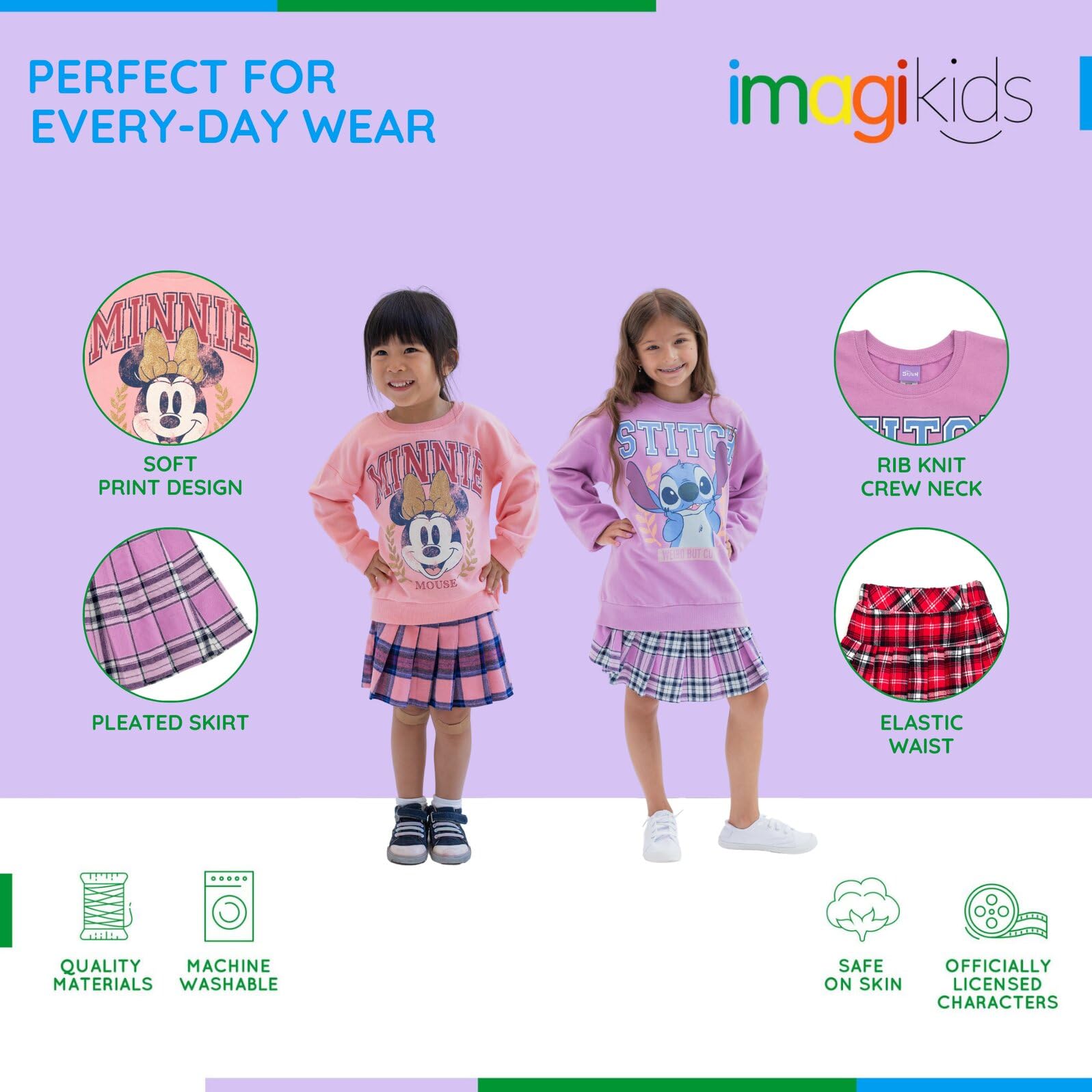 Disney Minnie Mouse Little Girls Fleece Sweatshirt and Skirt Plaid Pink 7-8