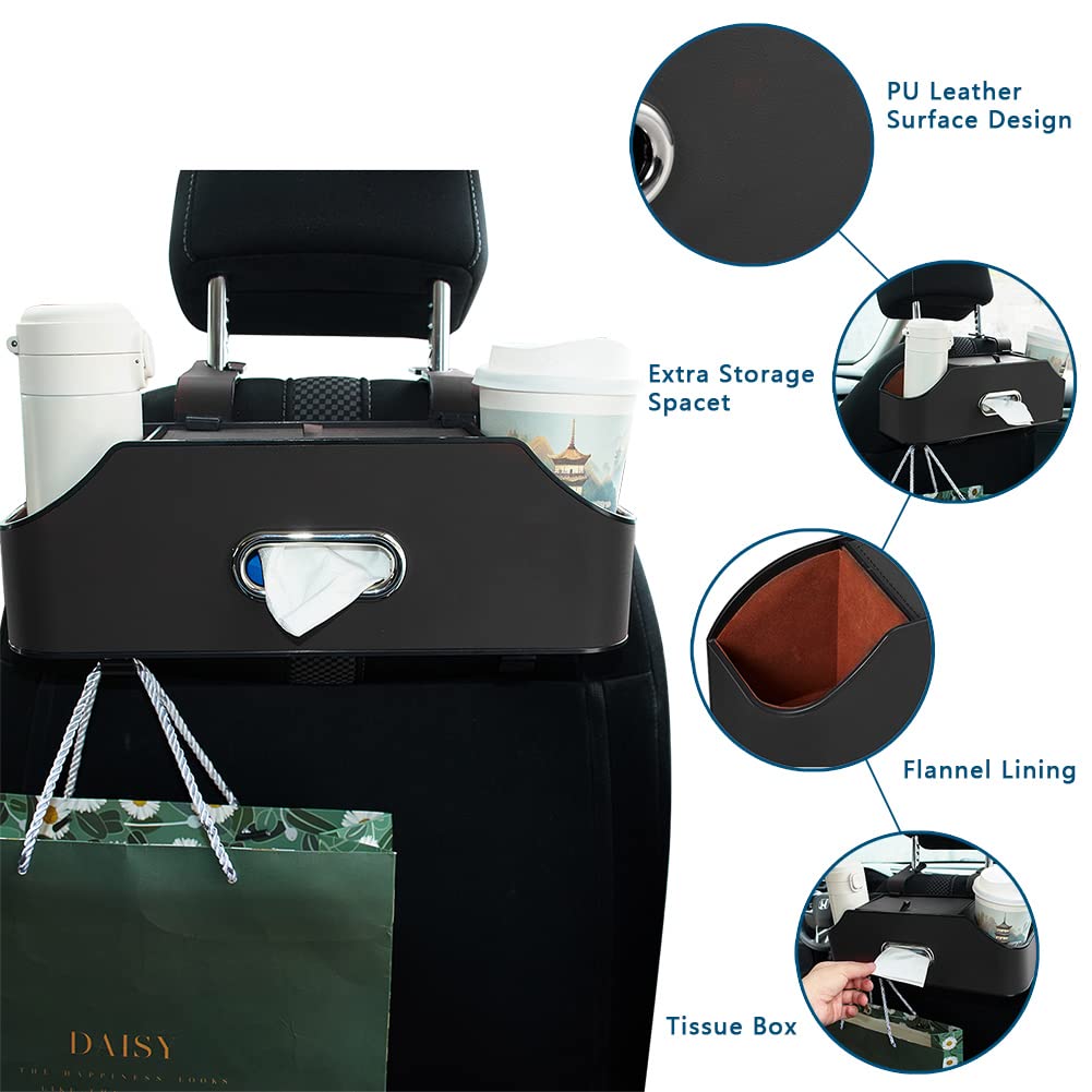 JSCARLIFE Car Headrest Backseat Organizer with Cup Holder,Backseat Storage Box Cup Drink Holders, Tissue Box & Phone Mount Bottle Cellphones Coffee Coasters Wallet Cards (Black)