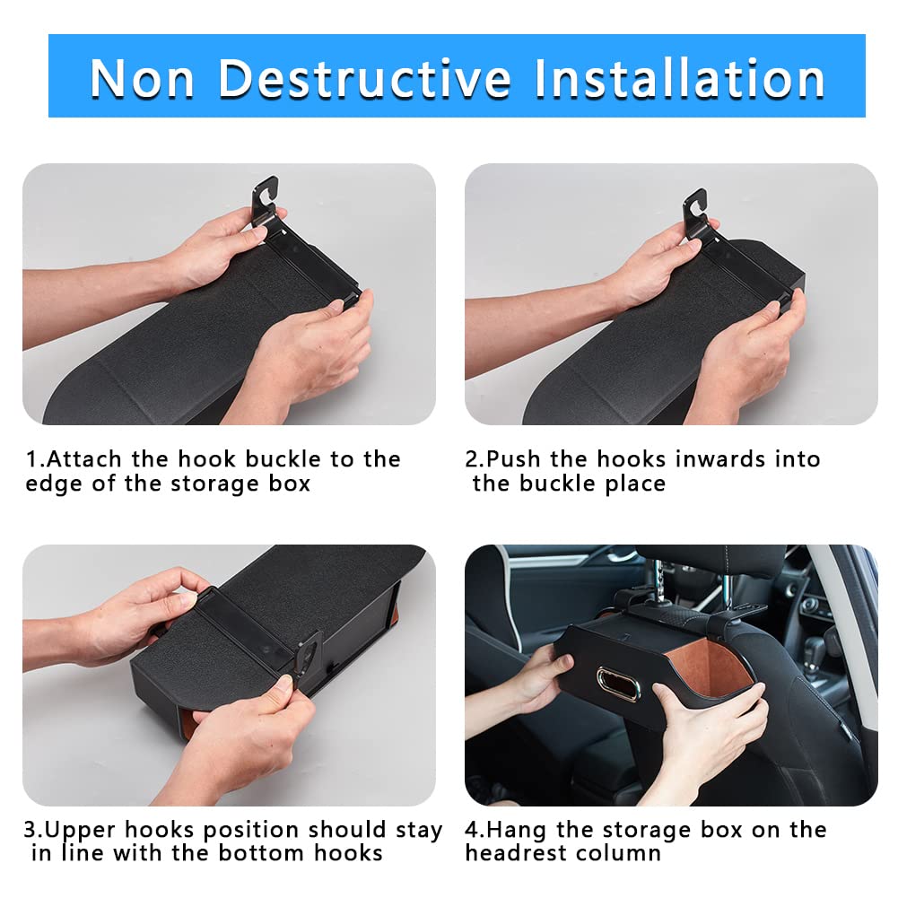 JSCARLIFE Car Headrest Backseat Organizer with Cup Holder,Backseat Storage Box Cup Drink Holders, Tissue Box & Phone Mount Bottle Cellphones Coffee Coasters Wallet Cards (Black)
