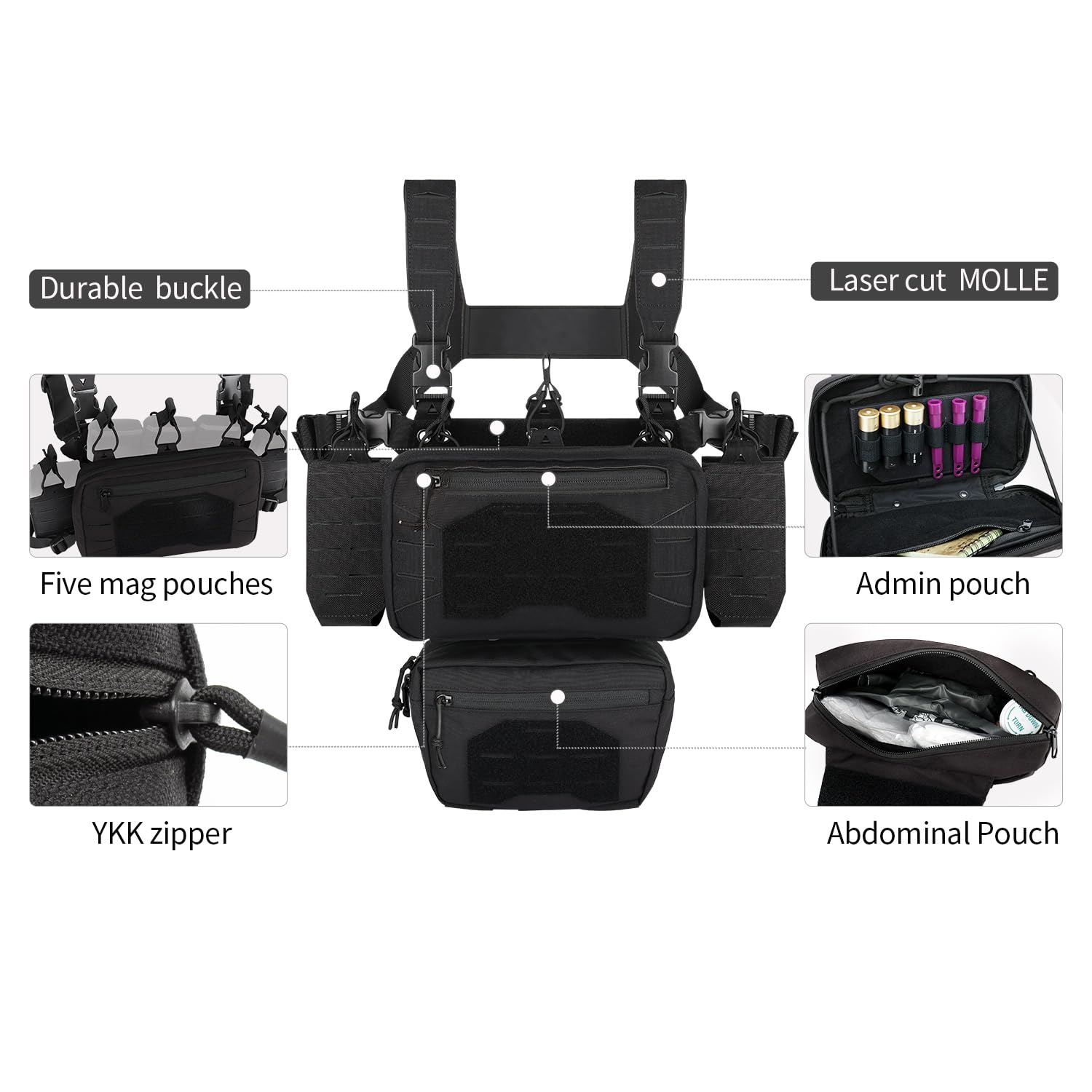 BOMTURN Chest Rig Tactical Airsoft Chest Rig 1000D Molle Micro Chest Rigs Adjustable Detachable Modular Vest with Mag Pouch