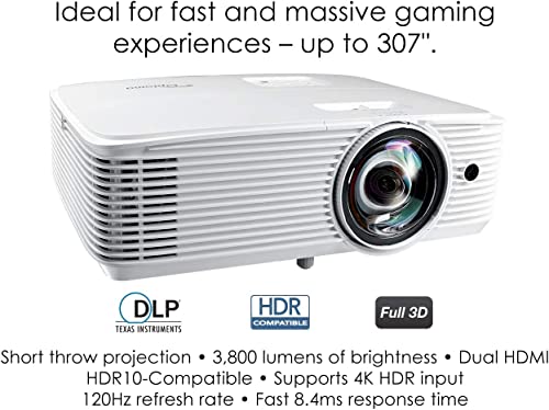 Optoma GT1080HDRx Short Throw Gaming Projector | Enhanced Gaming Mode for 1080p 120Hz Gameplay at 8.4ms | 1080p and HDR support with 4K UHD input | Bright 3,800 Lumens for Day and Night Gaming | White