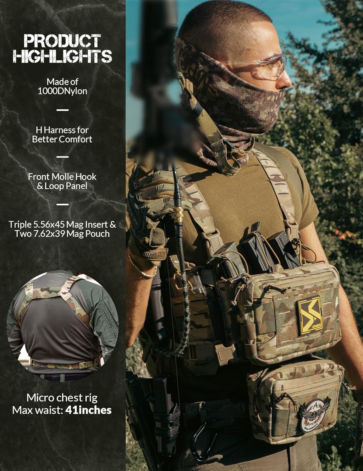 BOMTURN Chest Rig Tactical Airsoft Chest Rig 1000D Molle Micro Chest Rigs Adjustable Detachable Modular Vest with Mag Pouch