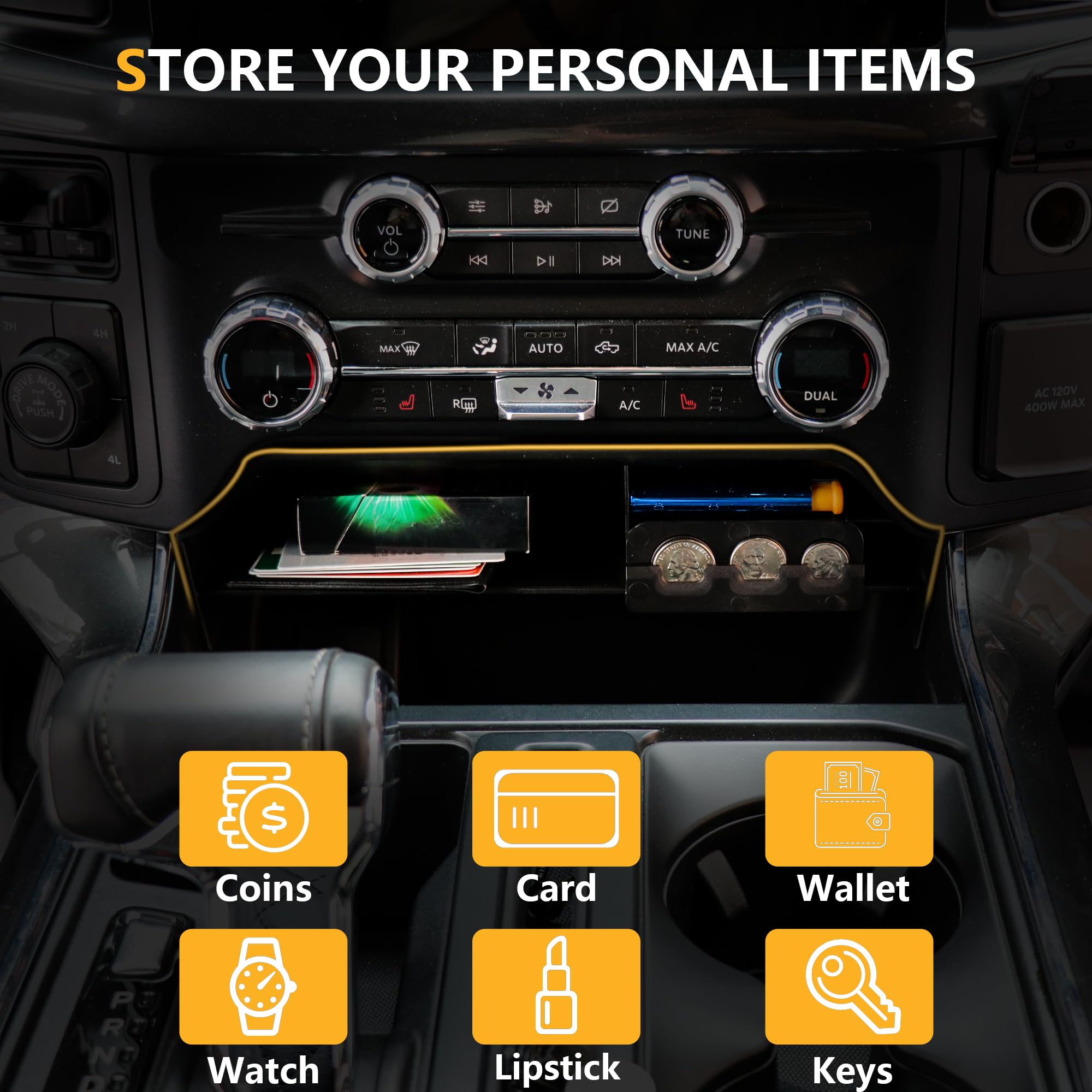 RERPRO Center Console Organizer Tray Compatible with 2021 2022 2023 2024 2025 Ford F150 Interior Accessories Insert Storage with Coin Holder Box Under Dash OEM Secondary Console Vault Bin