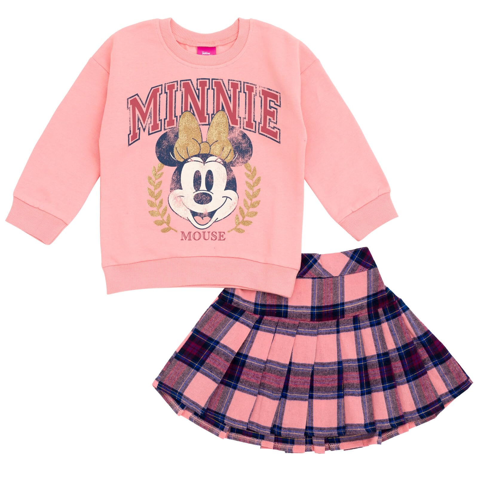 Disney Minnie Mouse Little Girls Fleece Sweatshirt and Skirt Plaid Pink 7-8