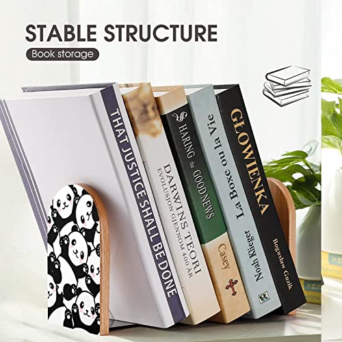 Cute Pandas Wood Book Ends for Shelves Non-Skid Bookend Book Stand Book Holder Stopper for Home Office School