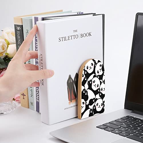 Cute Pandas Wood Book Ends for Shelves Non-Skid Bookend Book Stand Book Holder Stopper for Home Office School