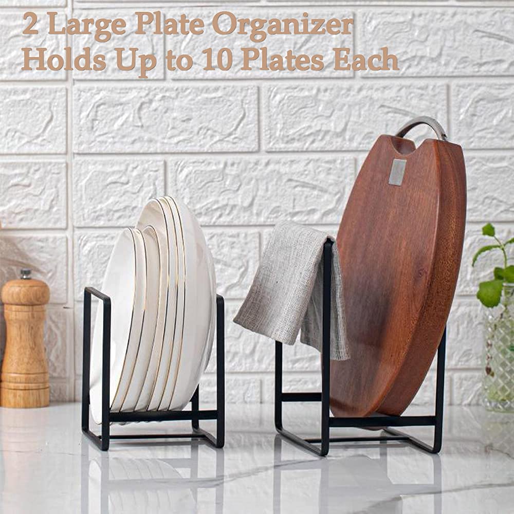 SUNFICON Large Plate Holders 2 Pack Upright Cabinet Dish Organizers Metal Plate Dish Drying Racks Stands Racks for Countertop and Cupboard Black
