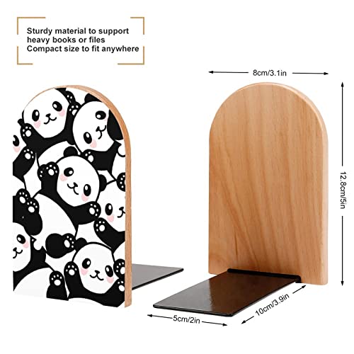 Cute Pandas Wood Book Ends for Shelves Non-Skid Bookend Book Stand Book Holder Stopper for Home Office School