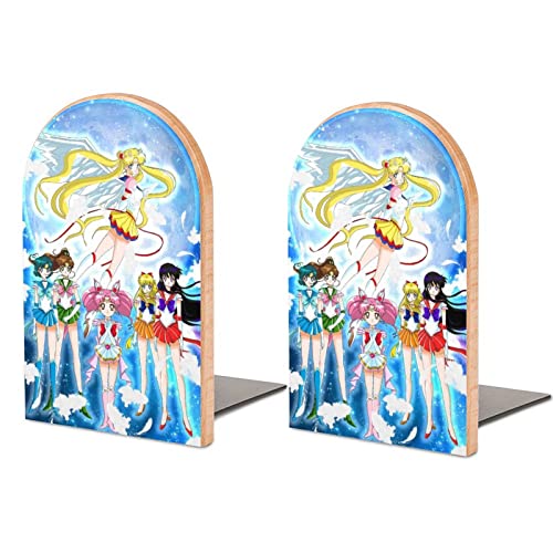 Anime Poster Moon Bookends Wood Book Divider Decorative Shelves Non-Skid Book Stand 2 Pieces for Office Home