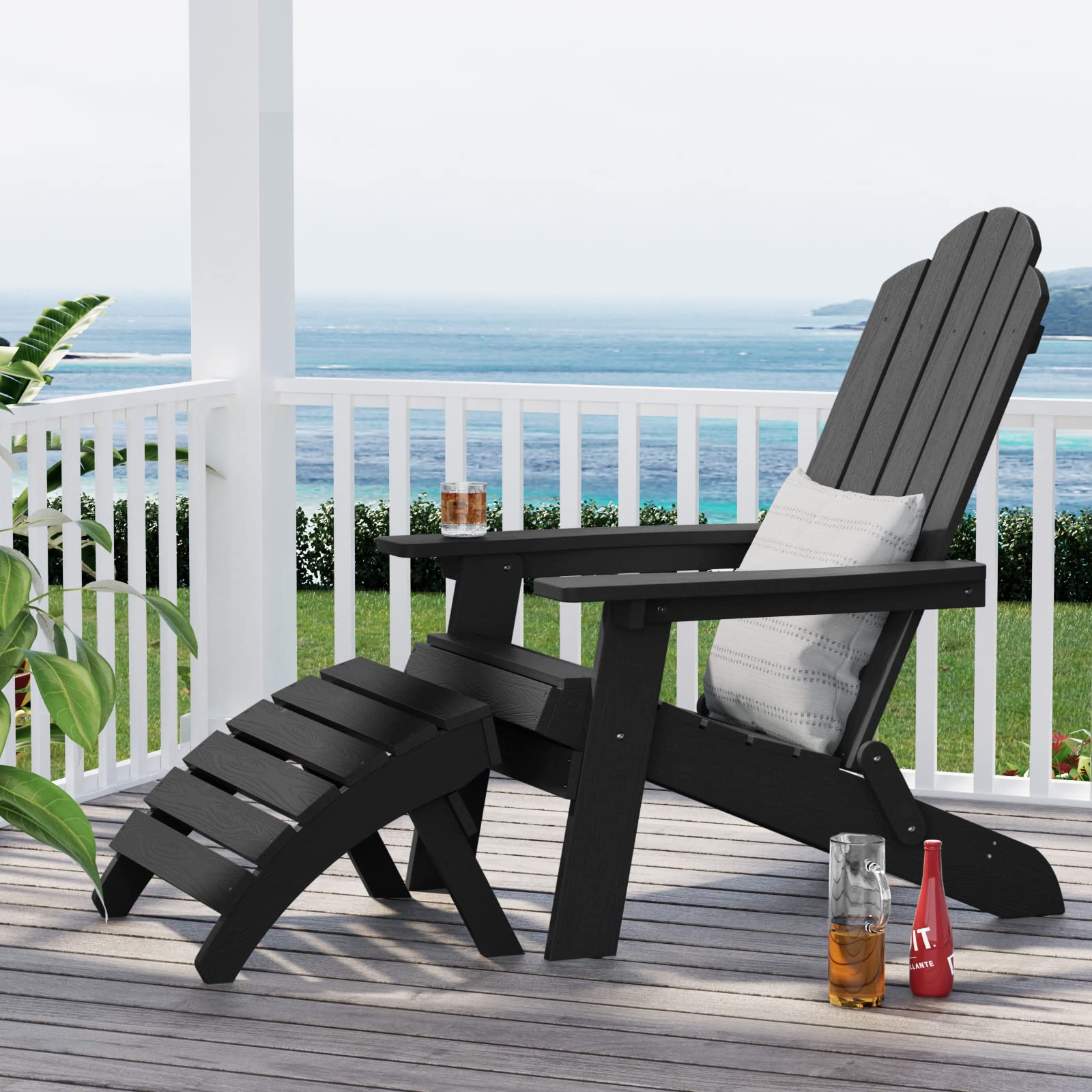 MXIMU Folding Adirondack Ottoman, Plastic Adirondack Footstool, Premium All Weather Ottoman for Adirondack Chairs, Wide Use in Backyard, Garden, Lawn, Porch, Poolside (Black)