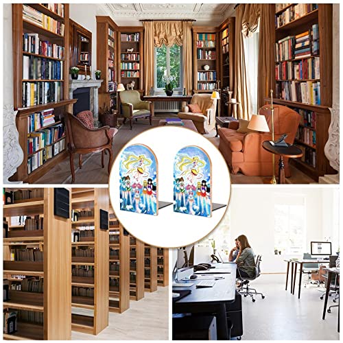 Anime Poster Moon Bookends Wood Book Divider Decorative Shelves Non-Skid Book Stand 2 Pieces for Office Home