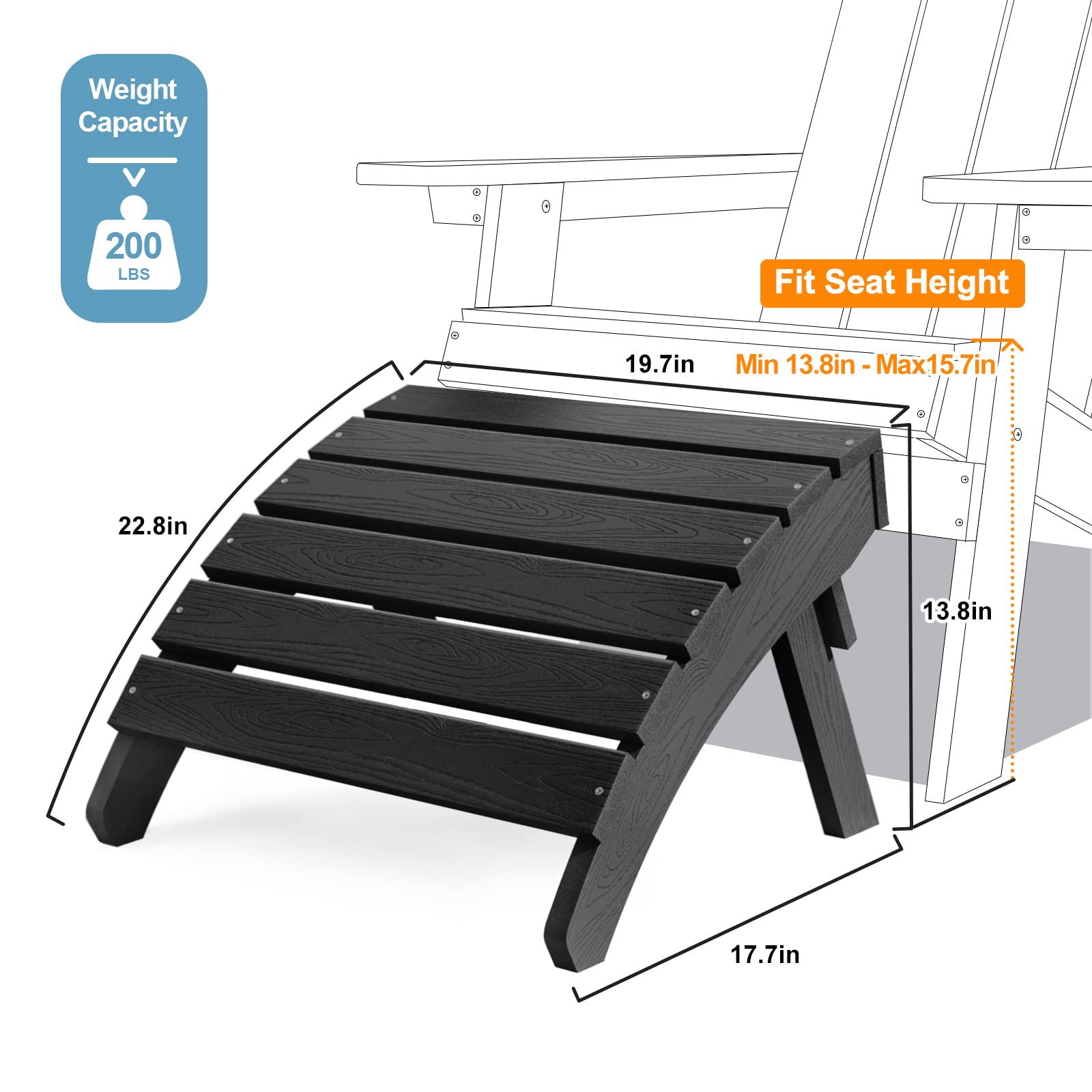 MXIMU Folding Adirondack Ottoman, Plastic Adirondack Footstool, Premium All Weather Ottoman for Adirondack Chairs, Wide Use in Backyard, Garden, Lawn, Porch, Poolside (Black)