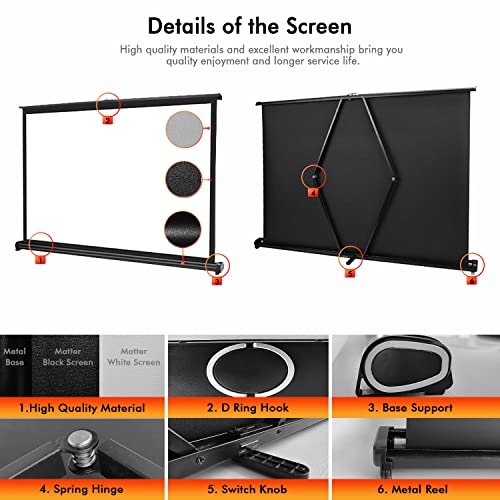 New Portable Mobile 50 Inch Projector Screen Pull Down, 16:9 Projector Screen Retractable Tabletop Screen Tripod Stand for Home Theater Meeting Room, School Indoor Outdoor Ceiling Wall Mount Upgrade