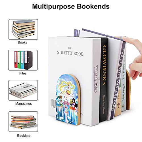 Anime Poster Moon Bookends Wood Book Divider Decorative Shelves Non-Skid Book Stand 2 Pieces for Office Home